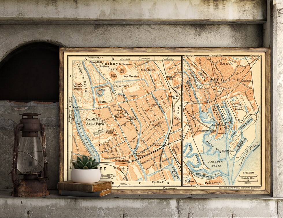 Old map of Cardiff Wales 14 x 20.5 fine print | Etsy