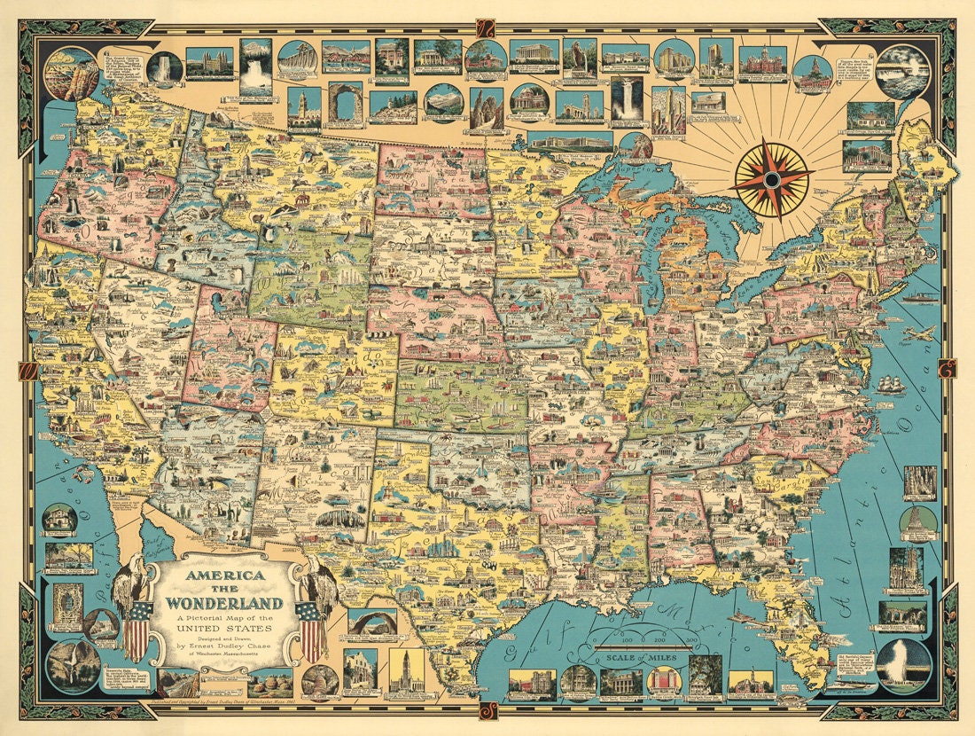 United States pictorial map Vintage map print on paper or | Etsy