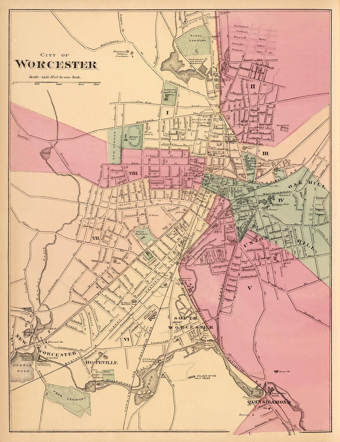Worcester Map - City Map Print - Old Map Fine Print on Paper or Canvas ...