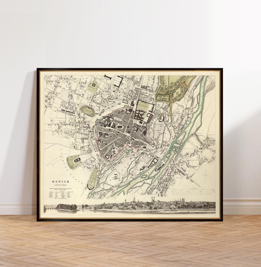 Old Map of Munich, Old City Plan Print, Giclee Reproduction, Wall Map ...