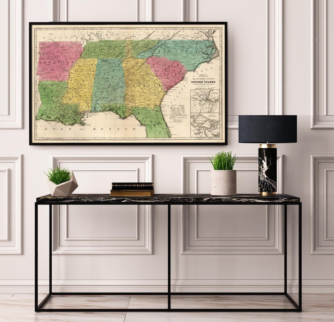 The South, Old Map Fine Print, Southeast of United States Map ...