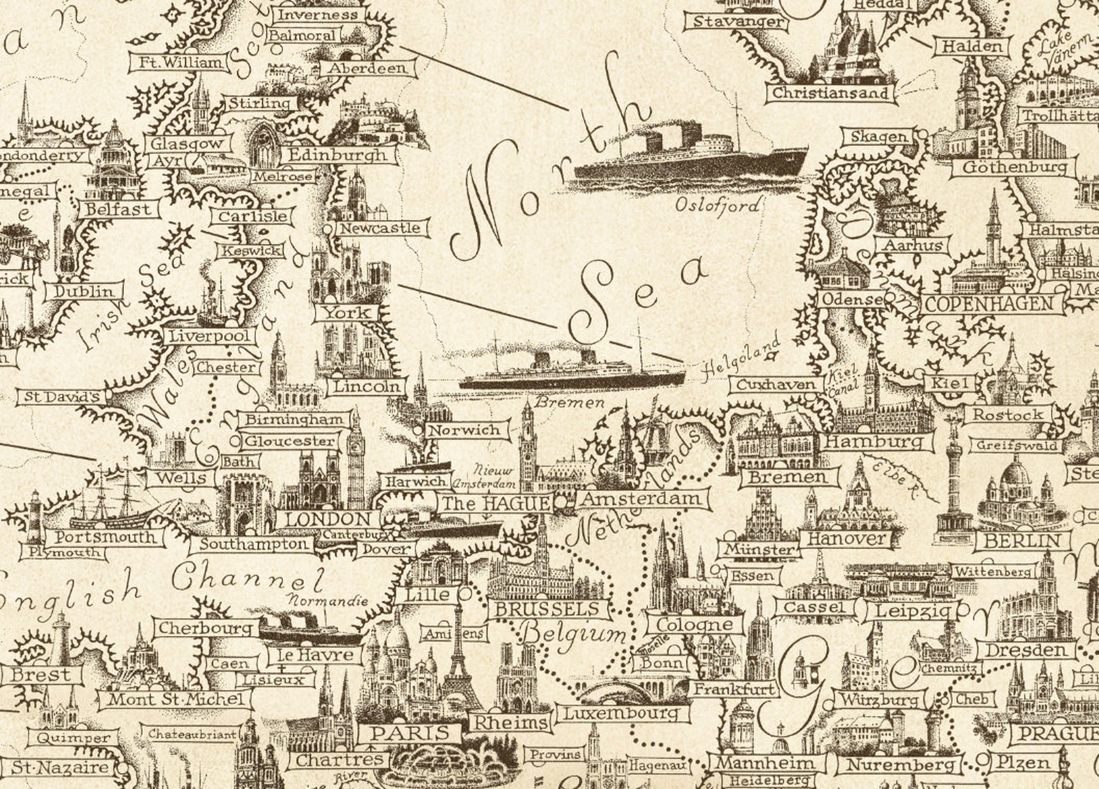 Pictorial Map of Europe Vintage Map in Sepia Tones Large - Etsy