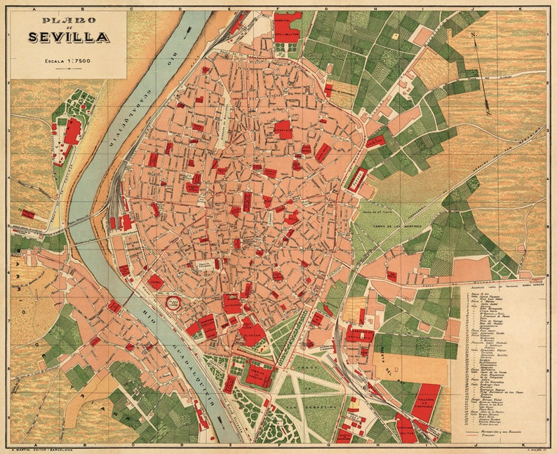 Map of Sevilla Old City Plan Restored Sevilla Map - Etsy