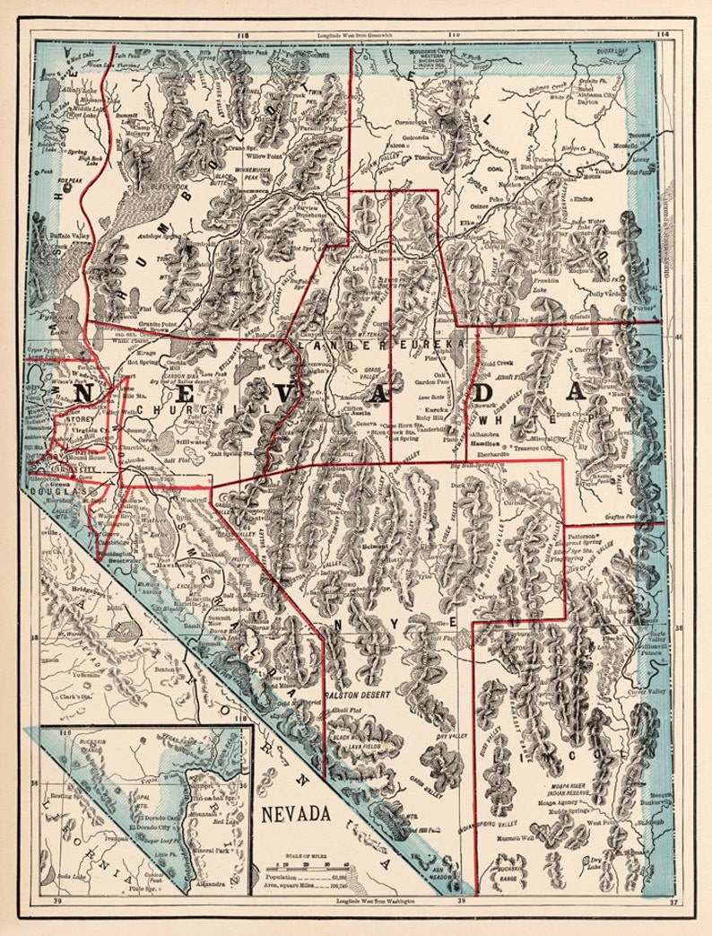 Old map of Nevada Historical map restored fine print | Etsy