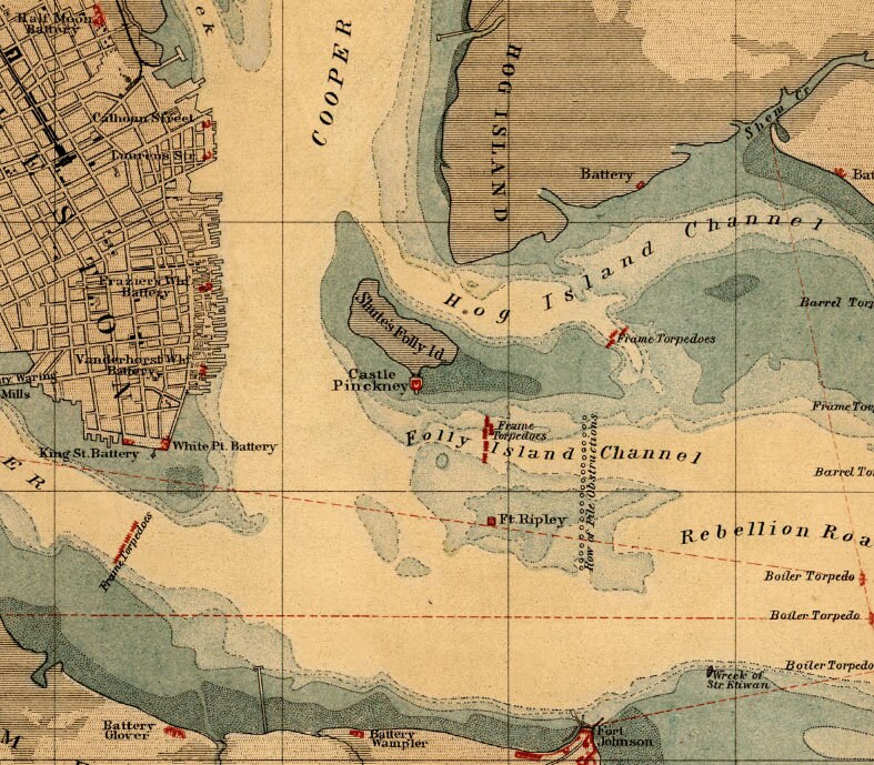 Charleston Harbor Map Showing Rebel Defences Wall Map | Etsy