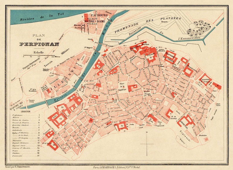 Perpignan Map Old City Map Print Plan De La Ville De - Etsy