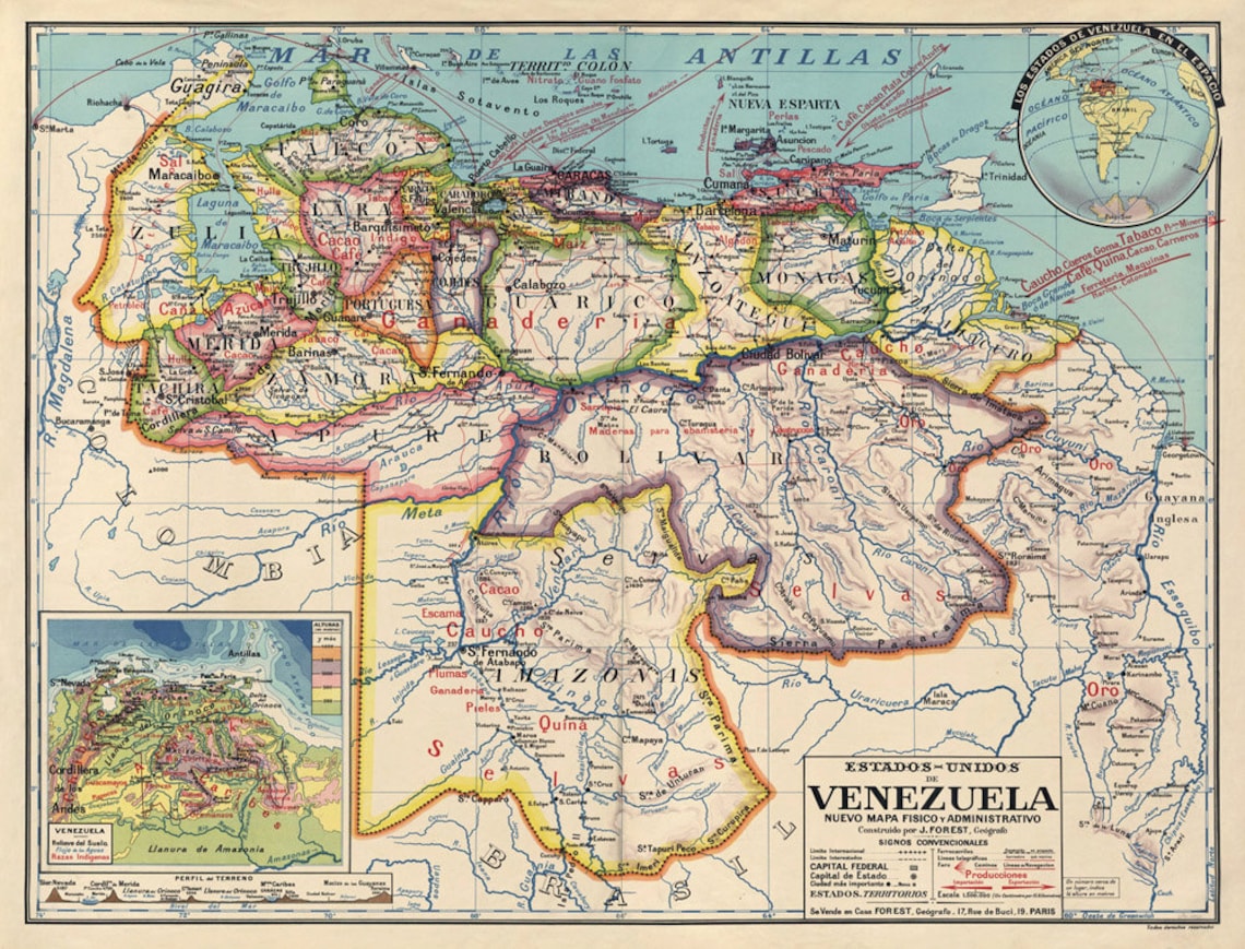 Vintage Map of Venezuela Old Map Restored Print on Canvas or - Etsy