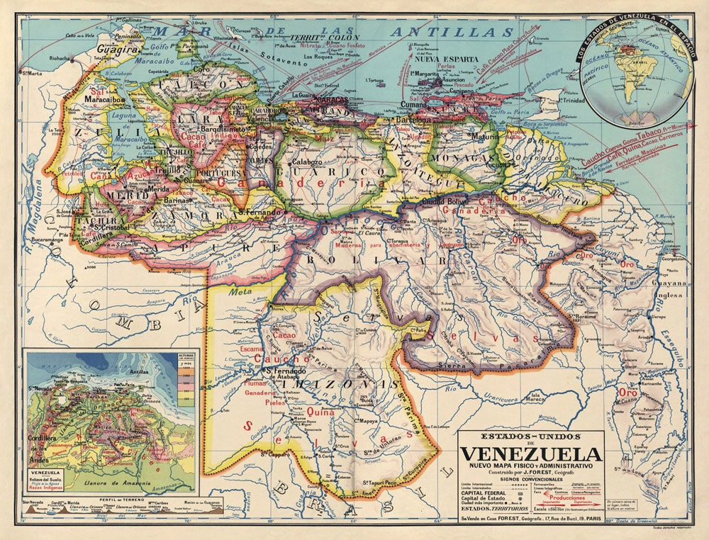 Mapa vintage de Venezuela Mapa antiguo restaurado impresión | Etsy España