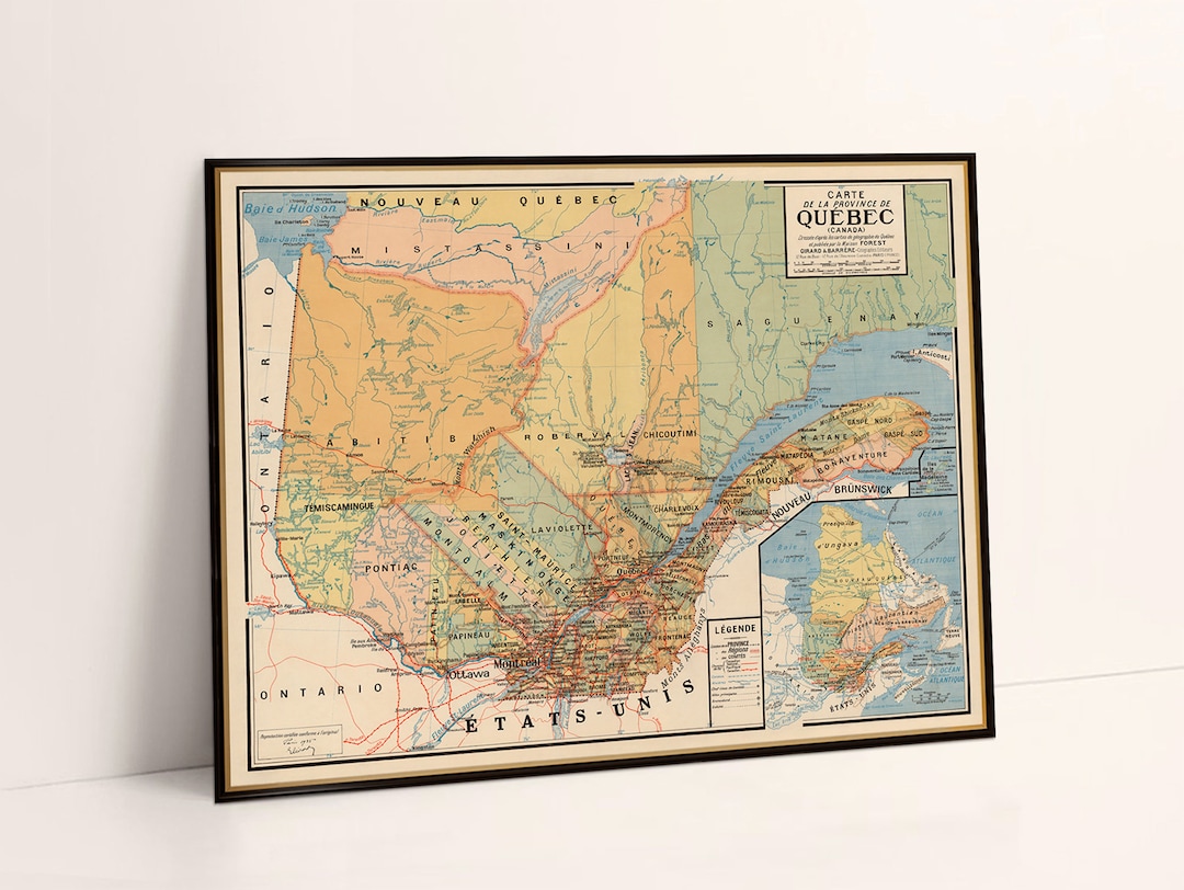 Quebec Map | Antique French-labeled Provincial Print | Vintage Canadian ...