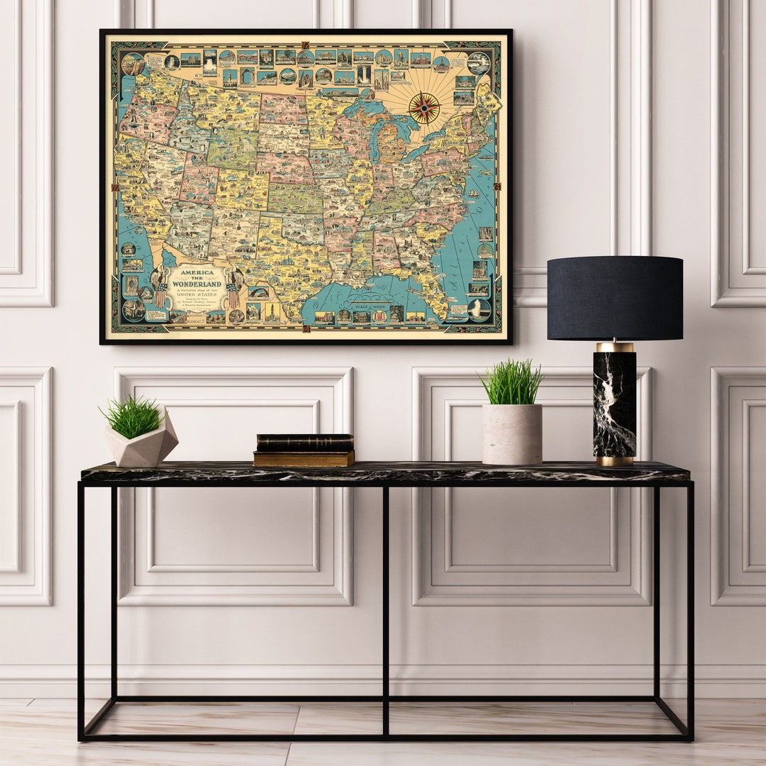 United States Pictorial Map, Vintage Map Print, Museum Grade, US ...