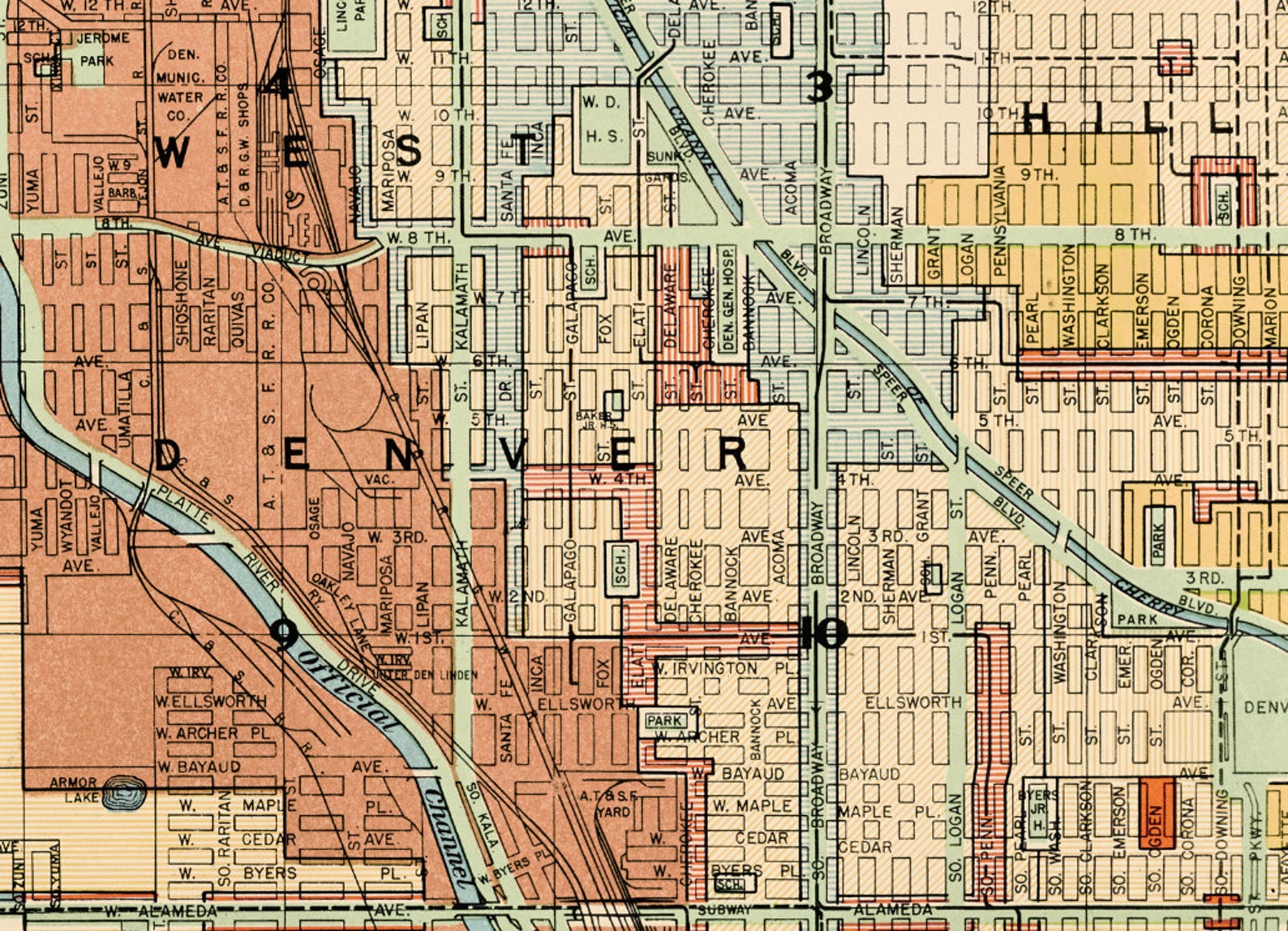 Commercial Map of Denver - Old City Map From 1933, Detailed Map, Wall ...
