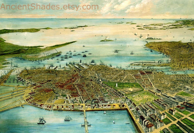 Boston Poster Panoramic Map of Boston RETRO Print Boston | Etsy