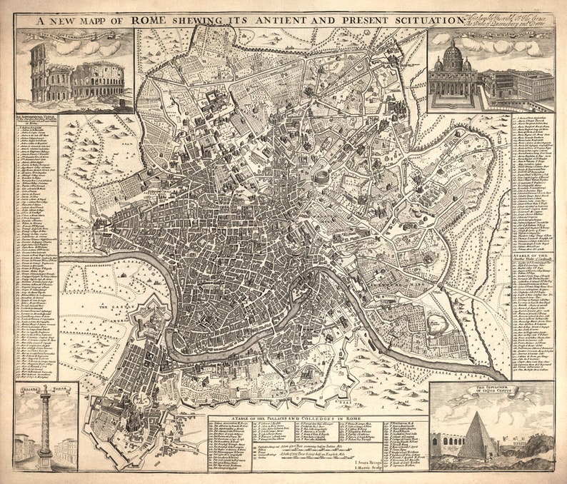 Large Map of Rome Old Plan of Rome Beautifully Restored | Etsy