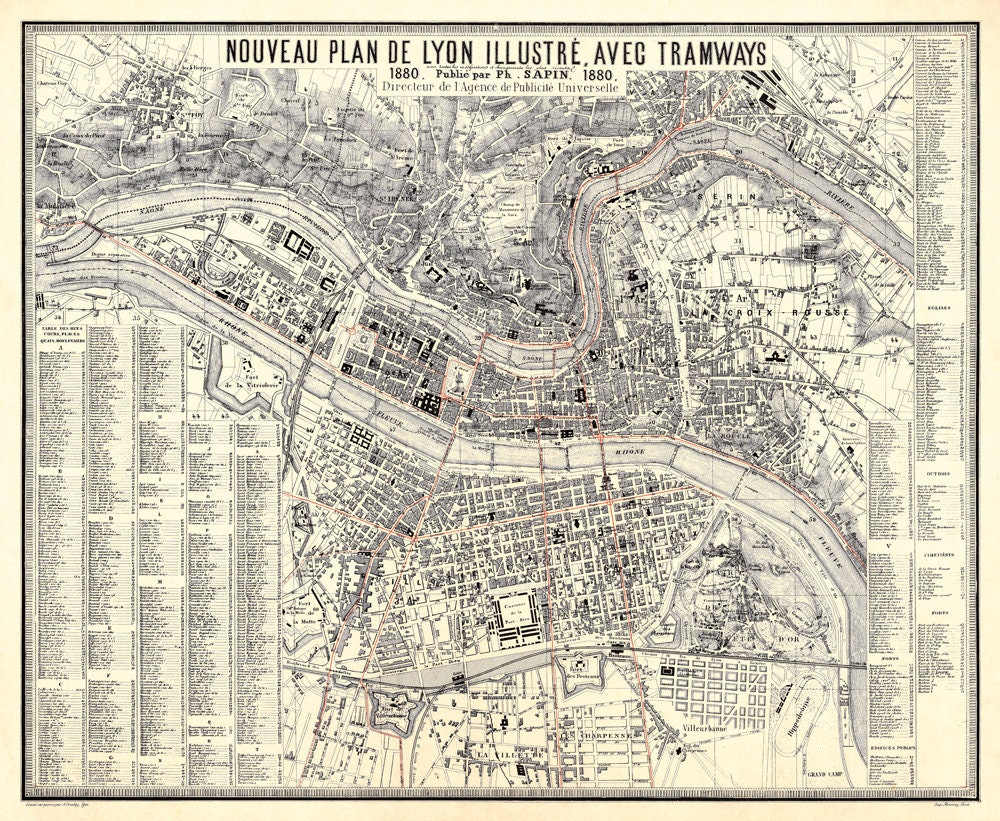 Lyon Map Large Wall Map of Lyon Archival Print on Paper or - Etsy