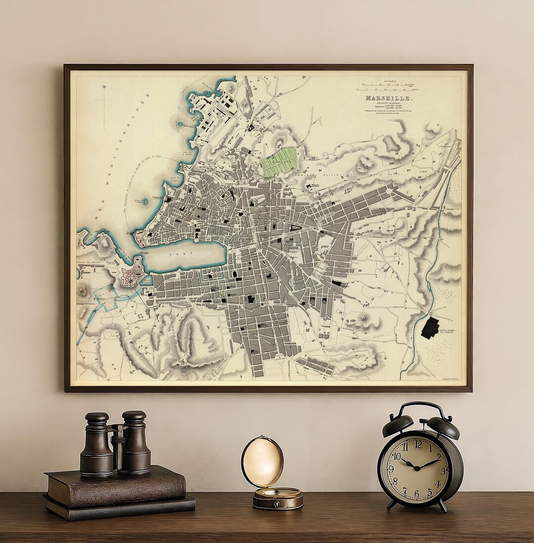 Mapa antiguo de Marsella / Plano de ciudad antiguo con puerto y ...