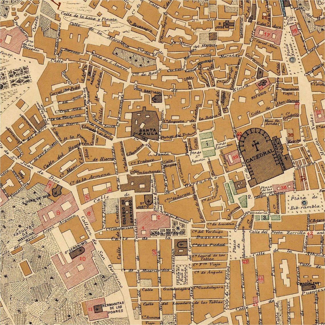 Granada Map - Old Map of Granada Print on Paper or Canvas - Etsy