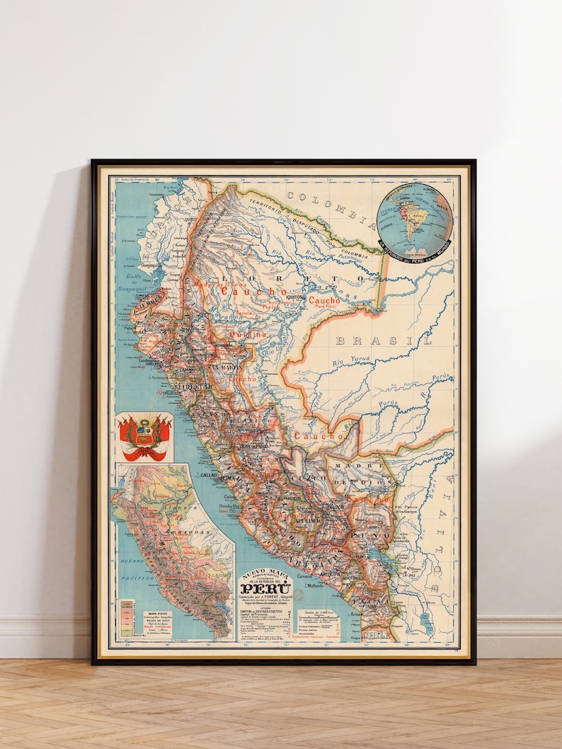 Mapa de Perú - Mapa antiguo de Perú, impresión de mapa mural grande ...
