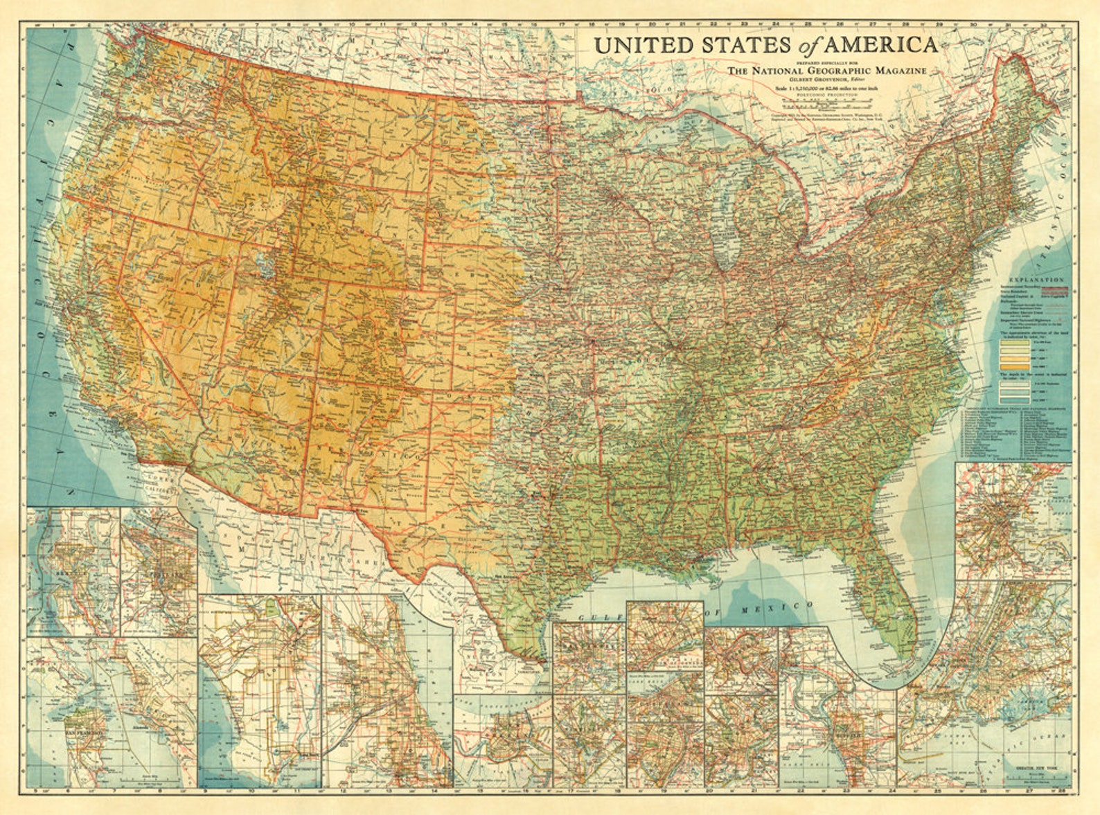 Vintage Map of the United States Large Physical Map Fine - Etsy
