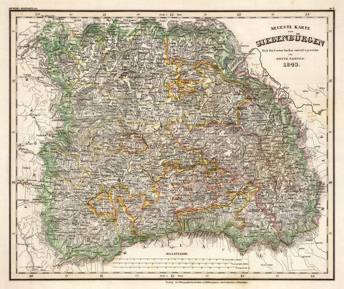 Old Map of Transilvanya - Historical Map From 1843 - Harta Transilvania ...