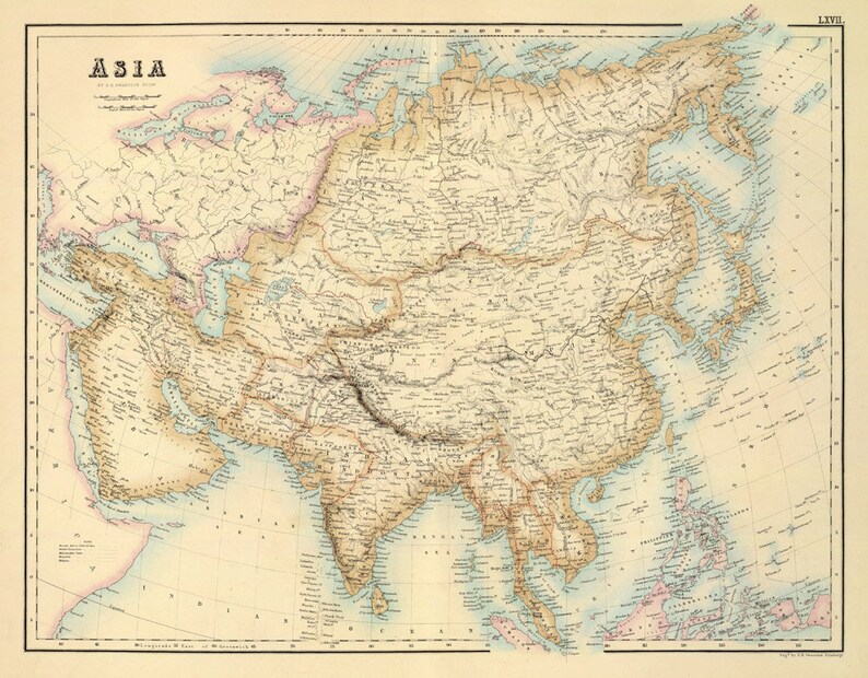 Asia Map Archival Print Large Wall Map of Asia Vintage - Etsy