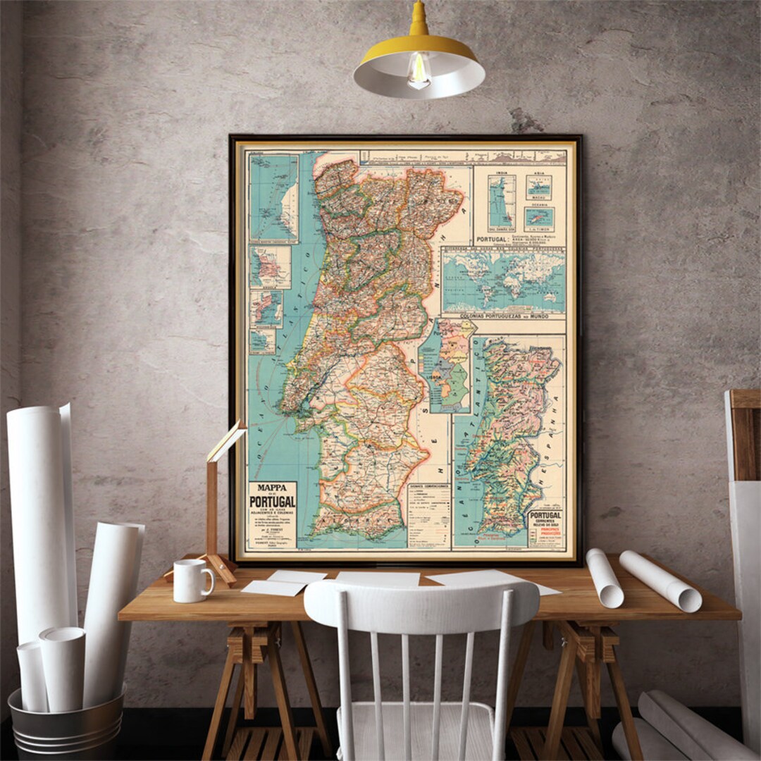 Portugal Map - Old Map of Portugal Fine Print - Vintage Map Print on ...