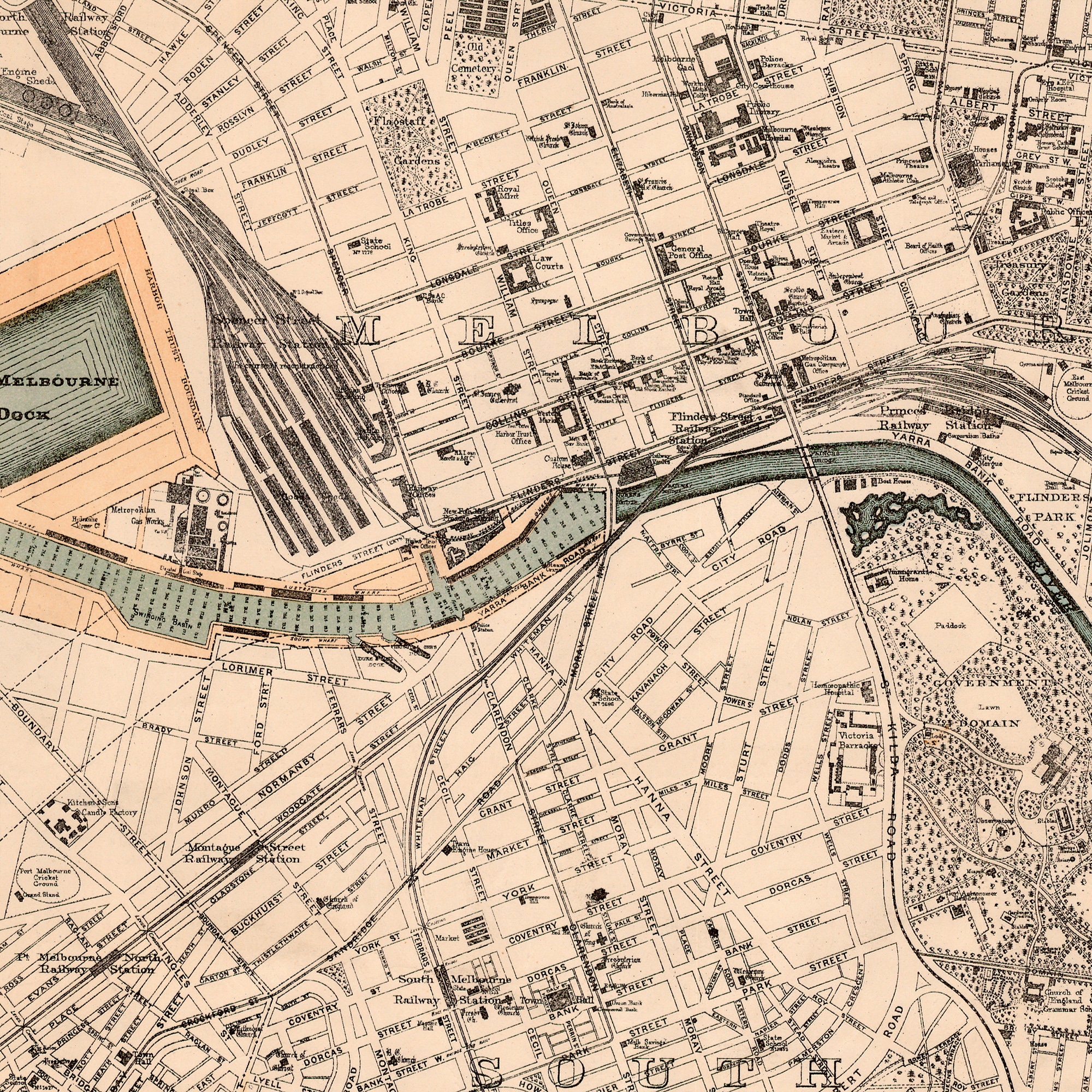 Melbourne Harbour Map, Decorative Map of Melbourne Port, Restored Map ...