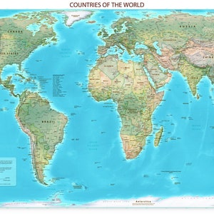 Political and Physical Map of the World, Large Modern Map, Available in ...
