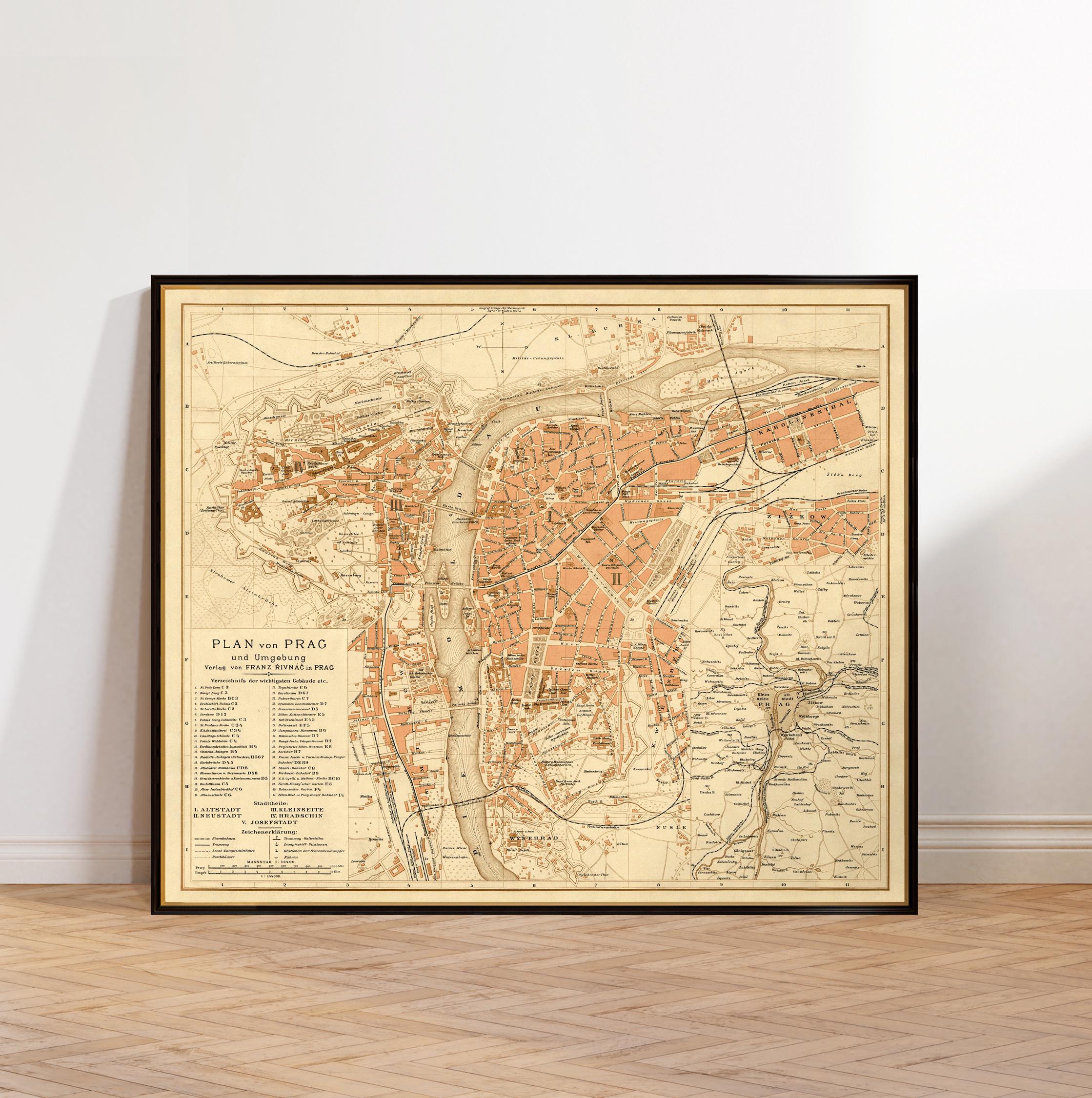 Vintage Map of Prague - Old Map - Archival Print of Prague Map ...