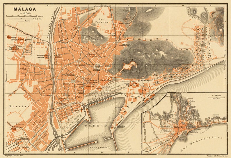 Old Map of Malaga - Fine Print - Vintage City Map Print on Paper or ...