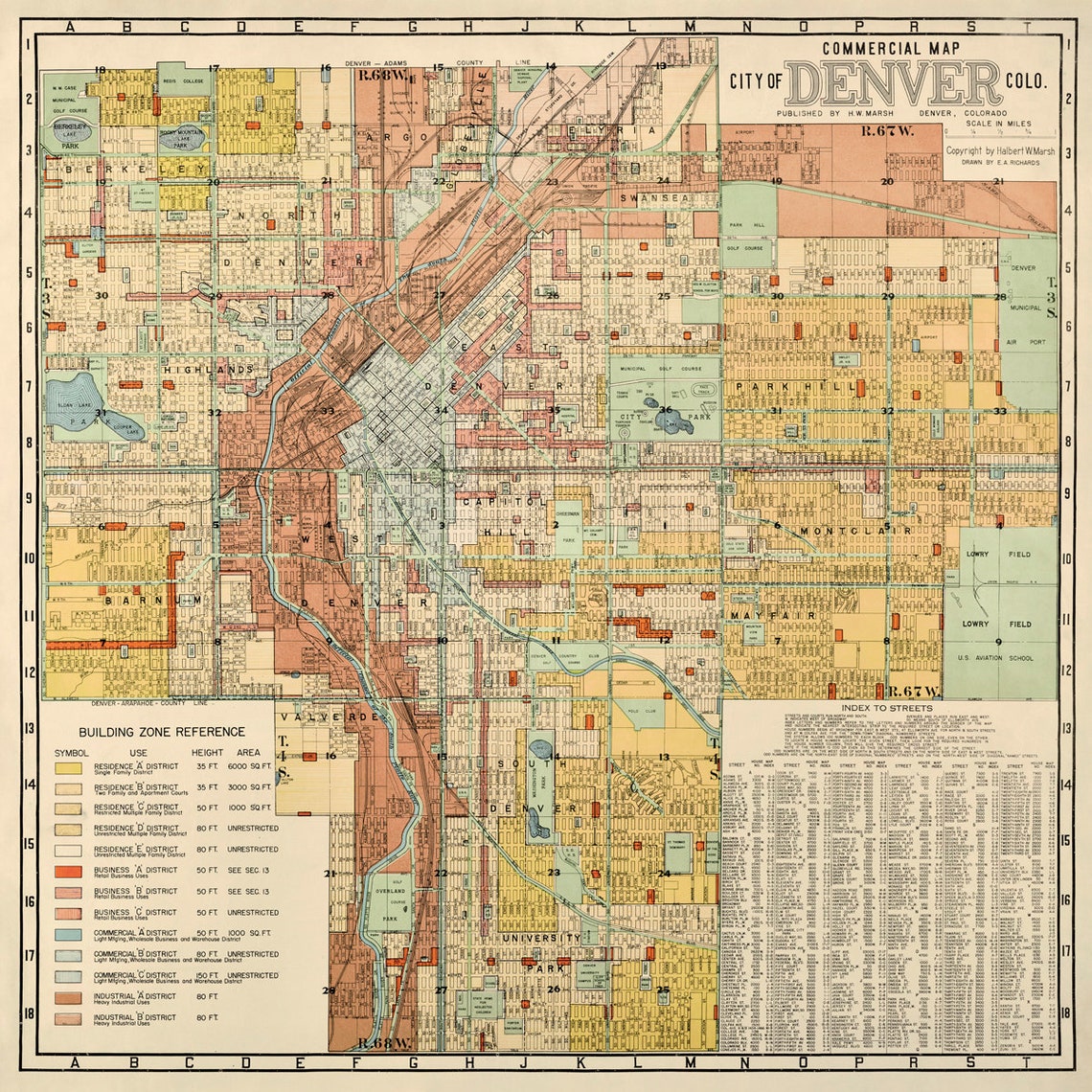 Commercial Map of Denver - Old City Map From 1933, Detailed Map, Wall ...