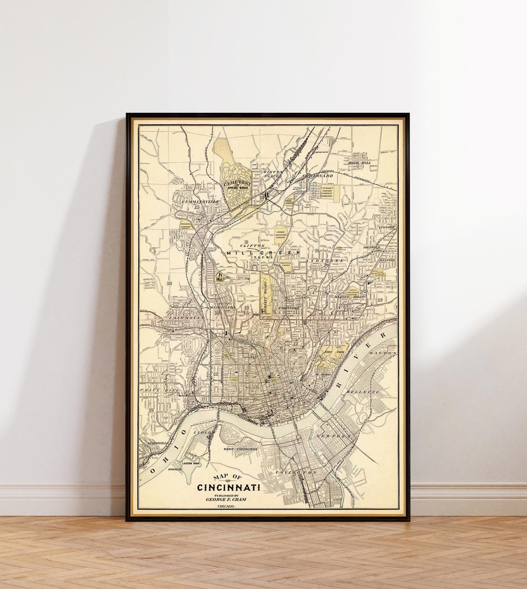 Cincinnati Map, Old Map of Cincinnati Fine Reproduction, Historical Map ...