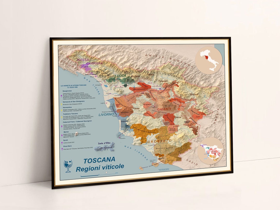 Tuscany Wine Regions Map | Chianti Country Wall Art | Vineyards Guide ...
