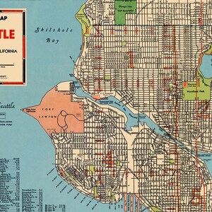 Seattle Vintage Street Map From 1947 | Middle Century Old Street Guide ...