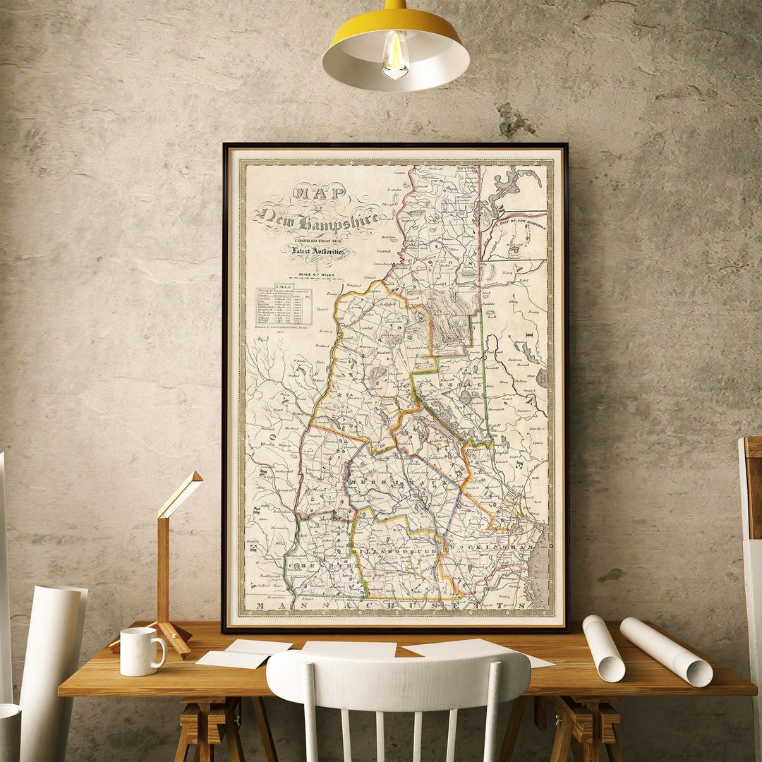 Wall Map of New Hampshire, Old Map Restored, Wonderful Colors, Great ...