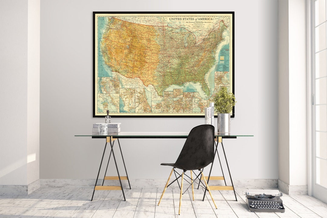 Vintage Map of the United States, Large Physical Map, Old Style ...