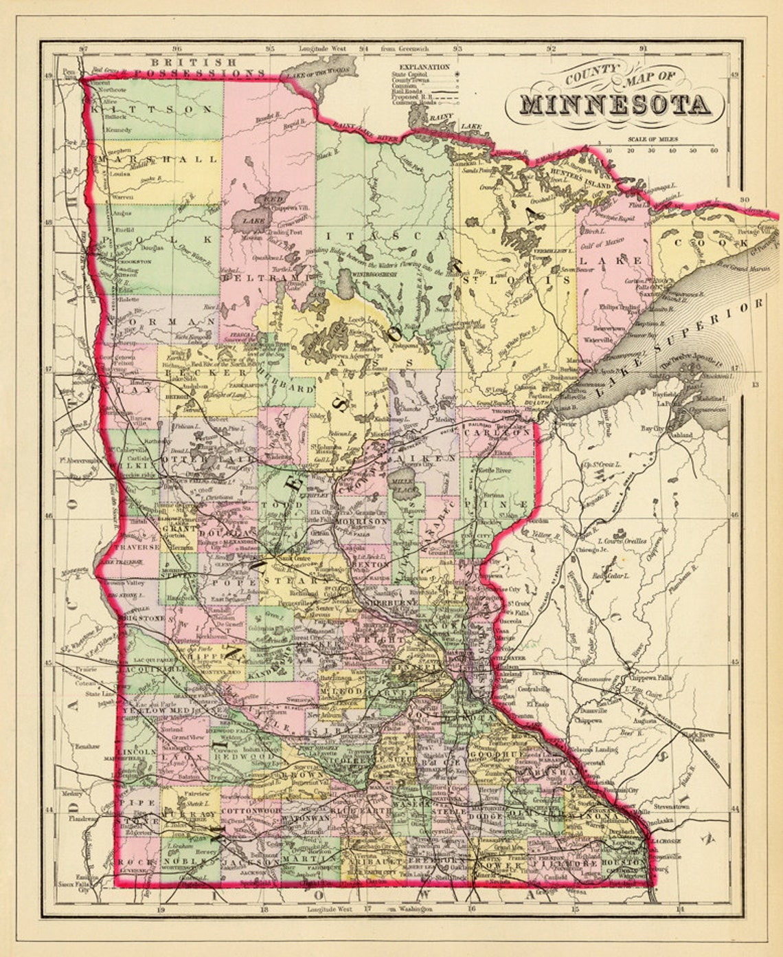 Minnesota Map - Old Map of Minnesota Fine Print on Paper or Canvas - Etsy