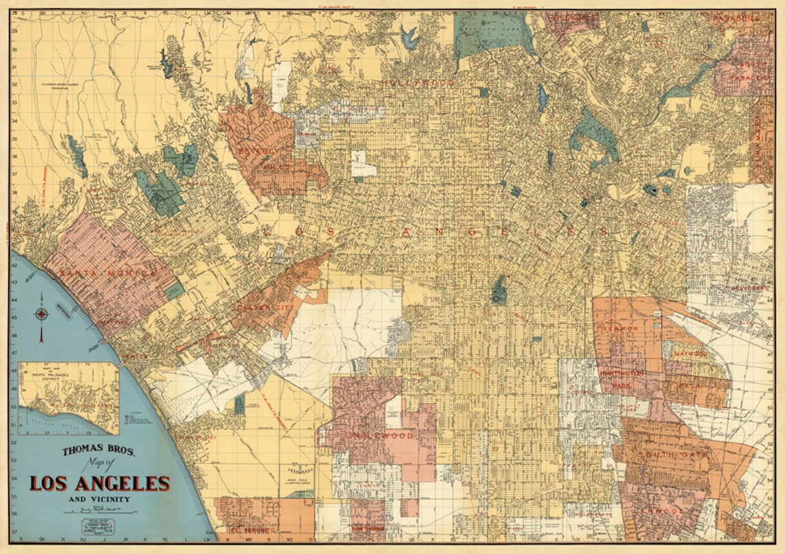 Map of Los Angeles - Large Wall Map - Los Angeles Map Fine Print on ...
