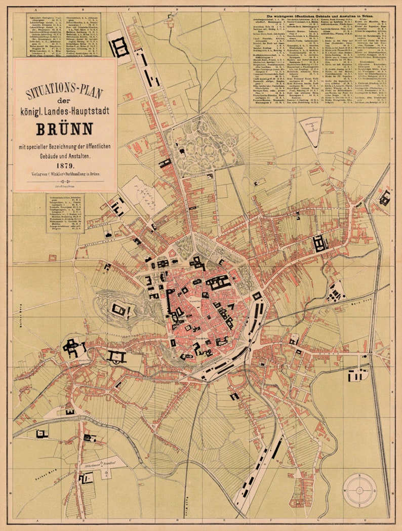 Brünn Stadtplan - Alte Landkarte von Brünn - Feiner Druck auf Papier ...
