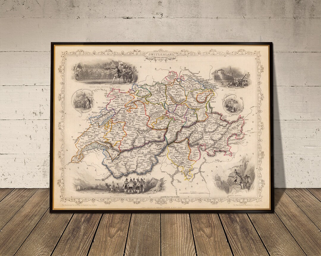 Old Map of Switzerland, Swiss Confederation Historical Map From 1851 ...