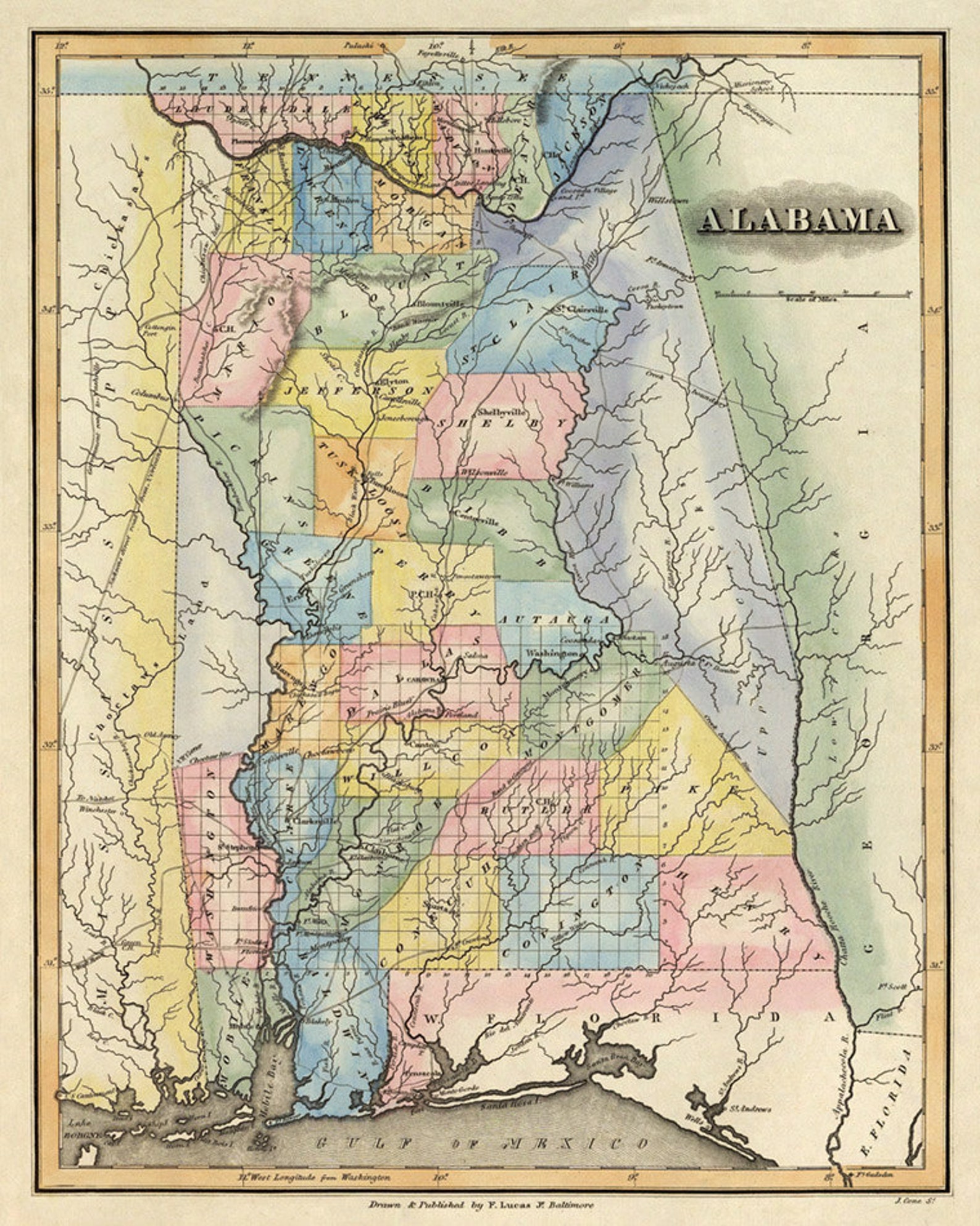 Old map of Alabama Wonderful reproduction of Alabama map | Etsy