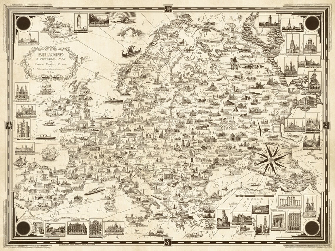 Pictorial Map of Europe Vintage Map in Sepia Tones Large - Etsy