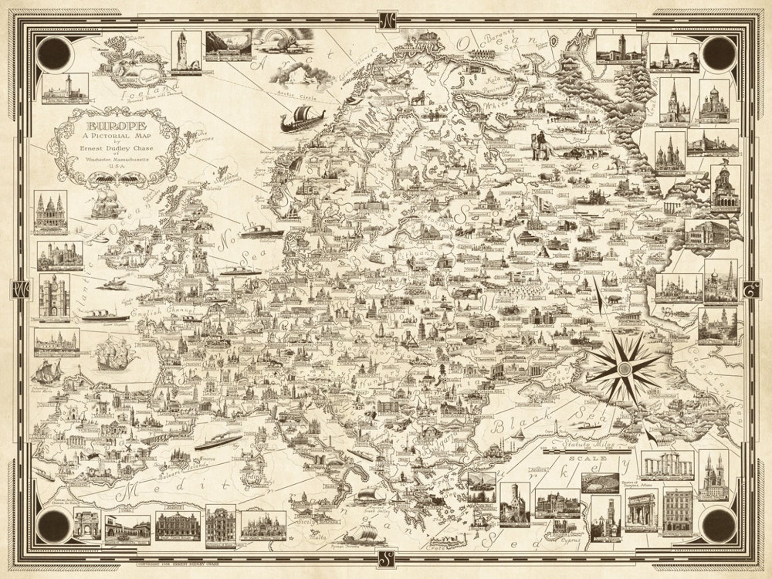Pictorial Map of Europe Vintage Map in Sepia Tones Large - Etsy