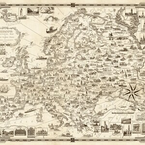 Pictorial Map of Europe - Vintage Map in Sepia Tones - Large Map for ...