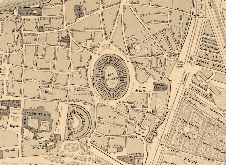 Arles Map - Vintage Style Map of Arles, Illustrated Old City Plan With ...