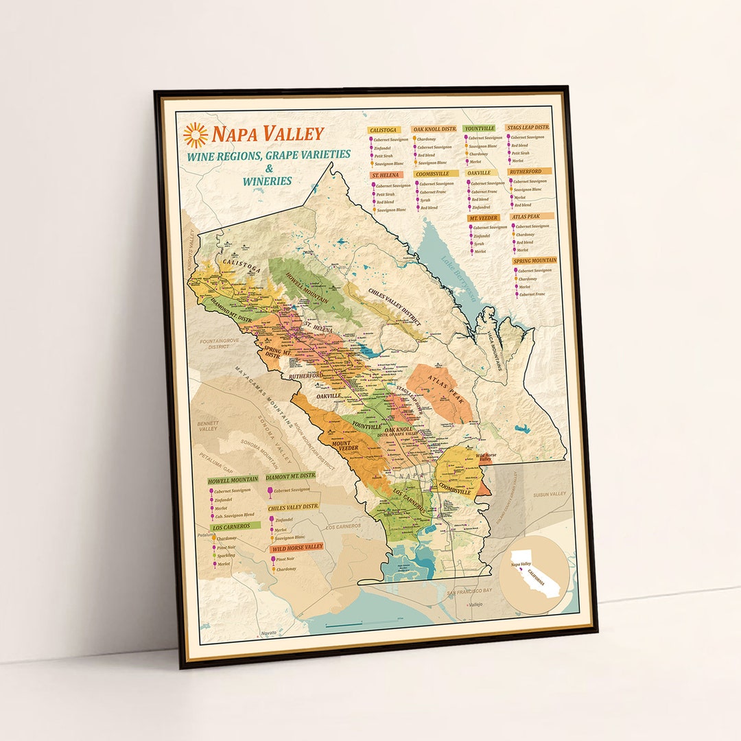 Napa Valley Wine Map, Vineyards, Grape Varieties and Wineries, Wall Map ...