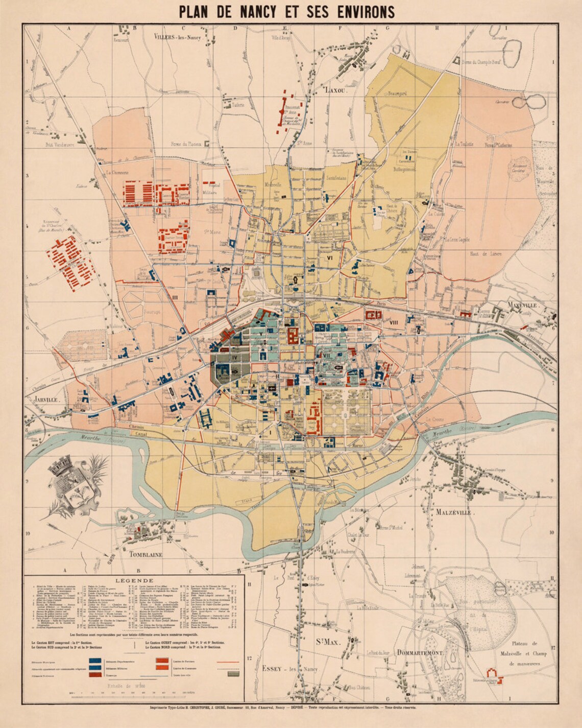 Map of Nancy, Old City Plan, Decorative Wall Map, Vintage Style, Fine ...