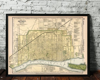 Wall Décor Home Décor Large Wall Map Big Map Old Map of Detroit Vintage ...