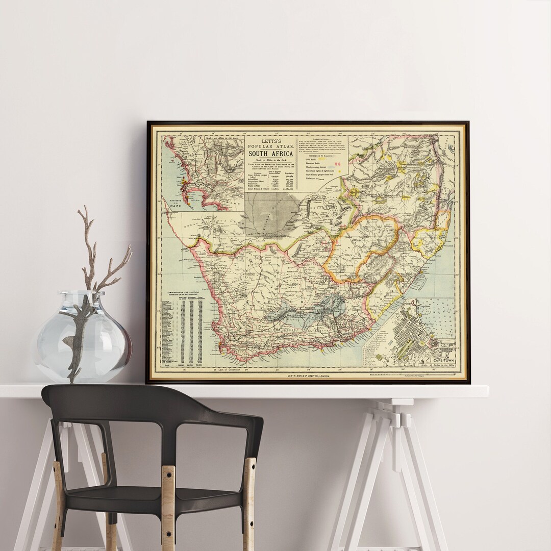 South Africa Map, Historical Map From 1883, Wall Map Decor, Geography ...