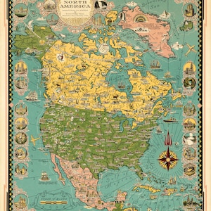 Pictorial Map of North America - Wall Map Giclee Print on Paper or ...