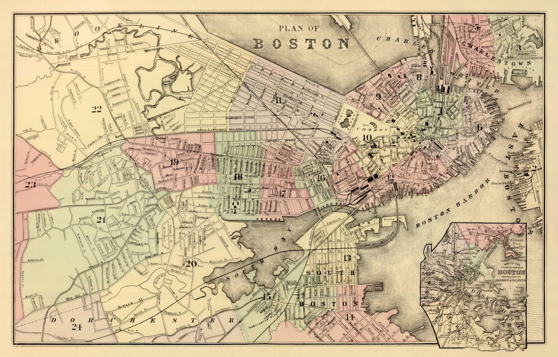 Boston Map Old Map of Boston Historical Map Restored - Etsy